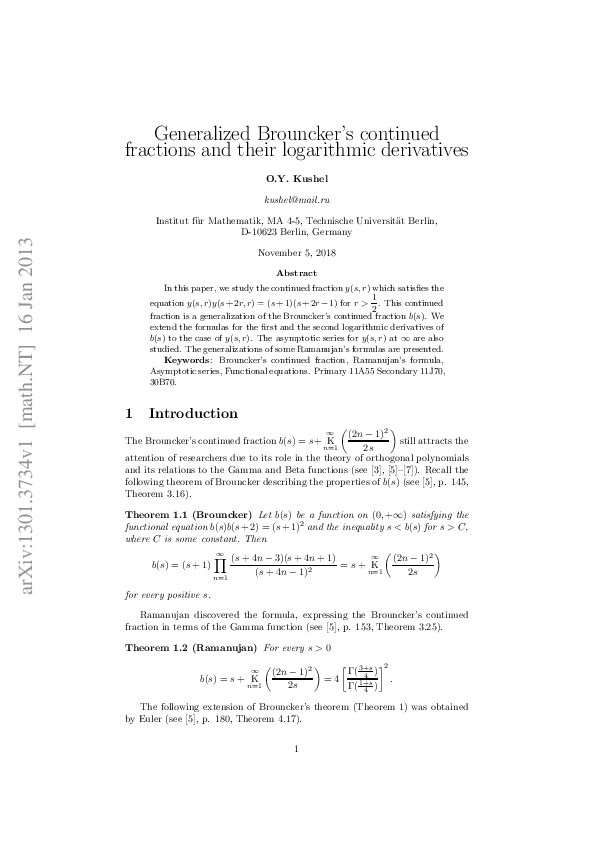 (PDF) Generalized Brouncker’s continued fractions and their logarithmic ...