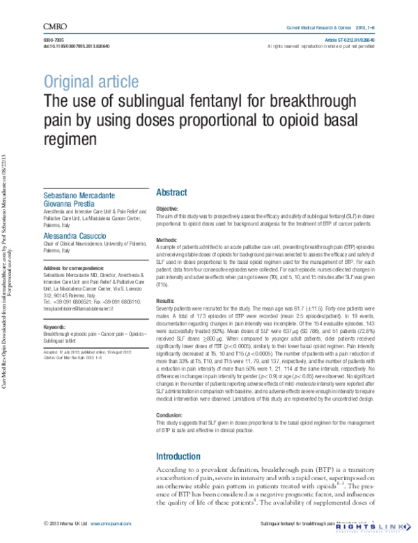 (PDF) The use of sublingual fentanyl for breakthrough pain by using ...