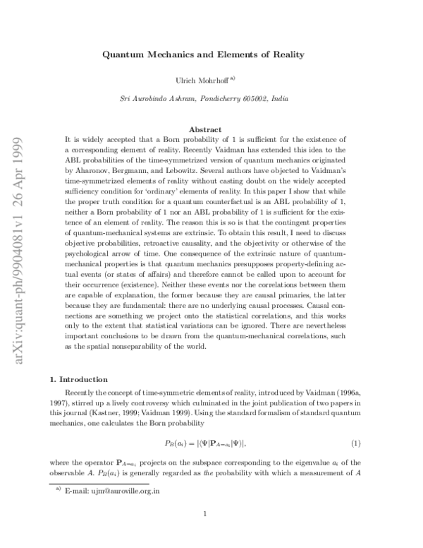 (PDF) Quantum mechanics and elements of reality