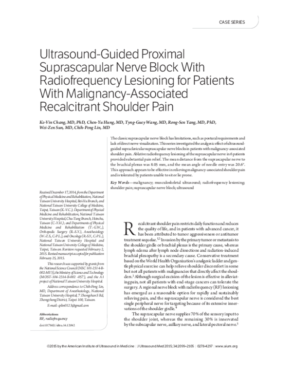 (PDF) Ultrasound-Guided Proximal Suprascapular Nerve Block With Radiofrequency Lesioning for ...