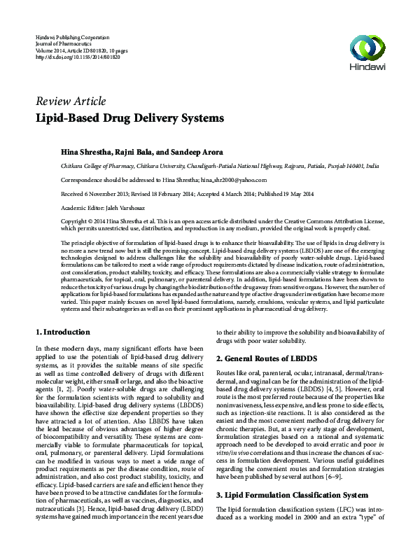 (PDF) Lipid-Based Drug Delivery Systems