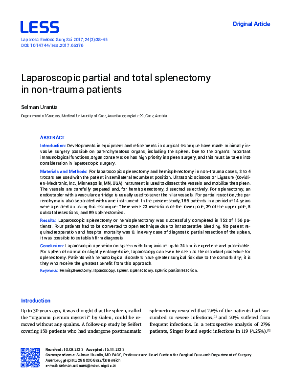 (PDF) Laparoscopic partial and total splenectomy in non-trauma patients