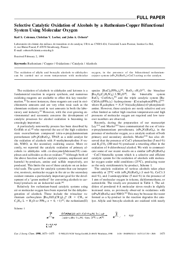 (PDF) Selective catalytic oxidation of alcohols by a ruthenium-copper ...