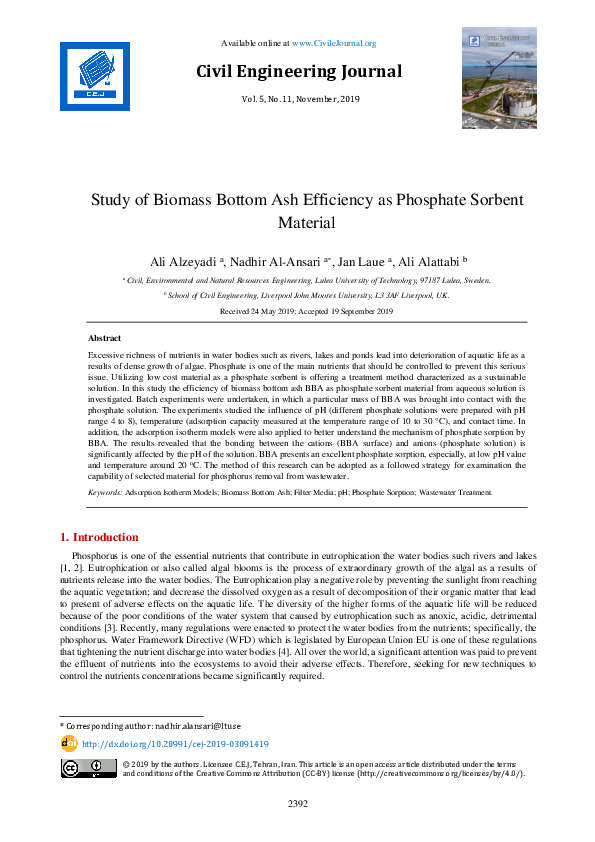 (PDF) Study of Biomass Bottom Ash Efficiency as Phosphate Sorbent Material