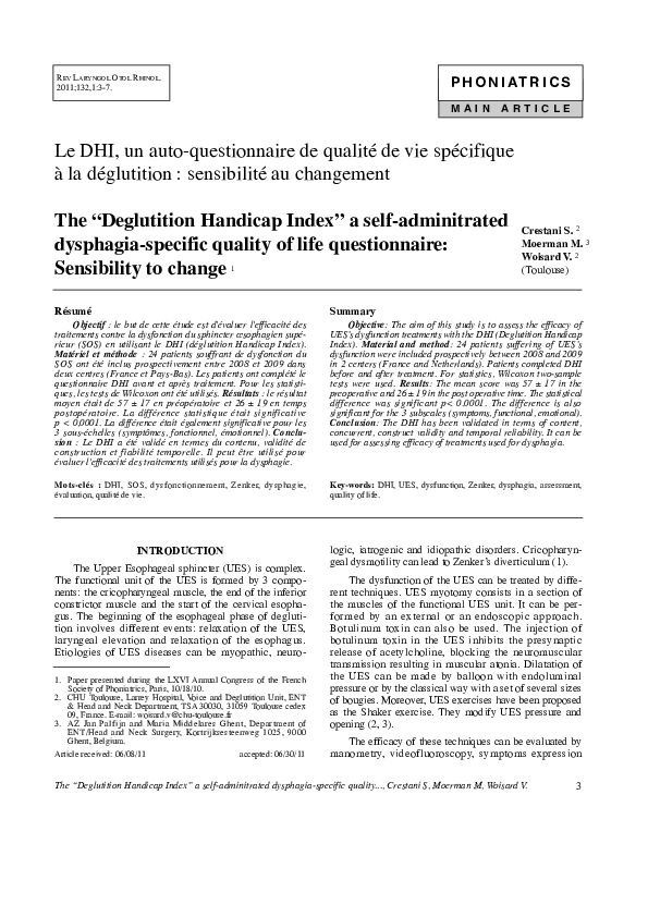 (PDF) The "Deglutition Handicap Index" a self-adminitrated dysphagia ...