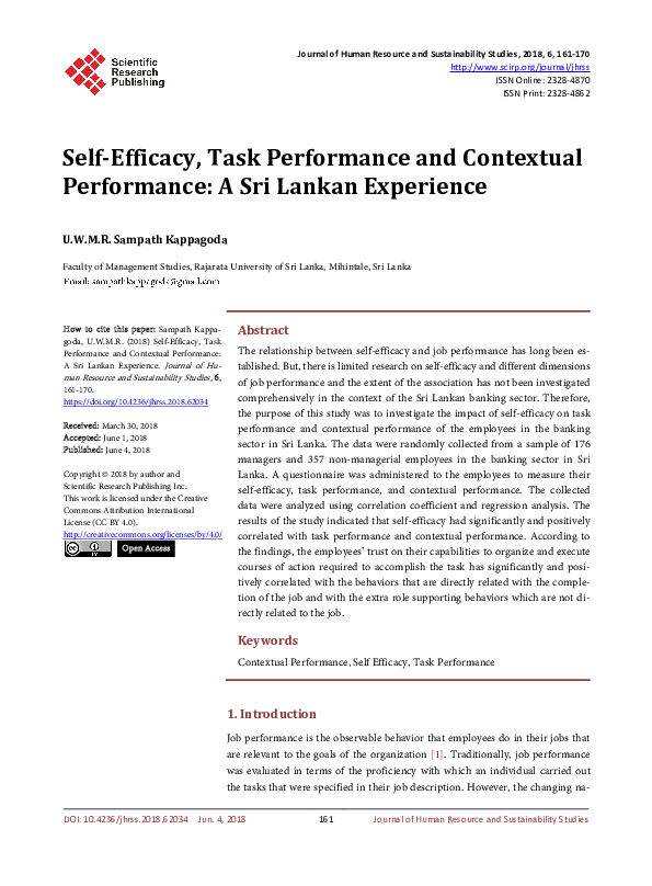(PDF) Self-Efficacy, Task Performance and Contextual Performance: A Sri Lankan Experience