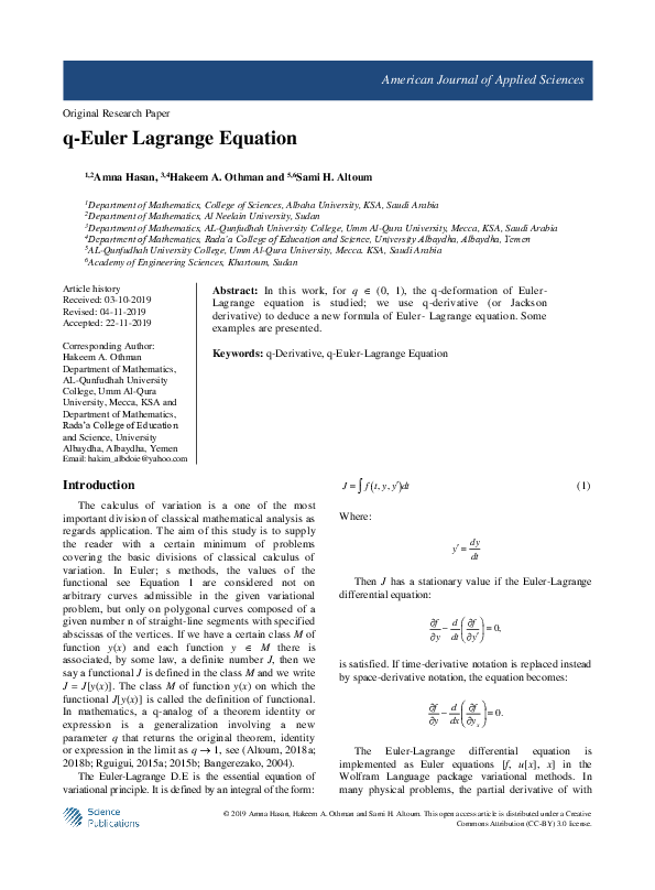 (PDF) q-Euler Lagrange Equation