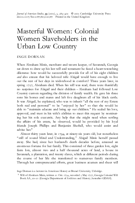 (PDF) Masterful Women: Colonial Women Slaveholders in the Urban Low Country