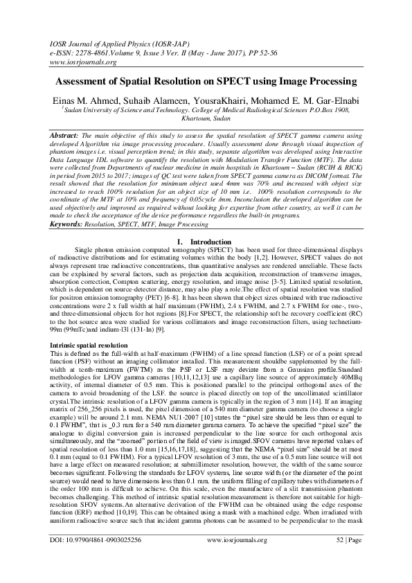 (PDF) Assessment of Spatial Resolution on SPECT using Image Processing