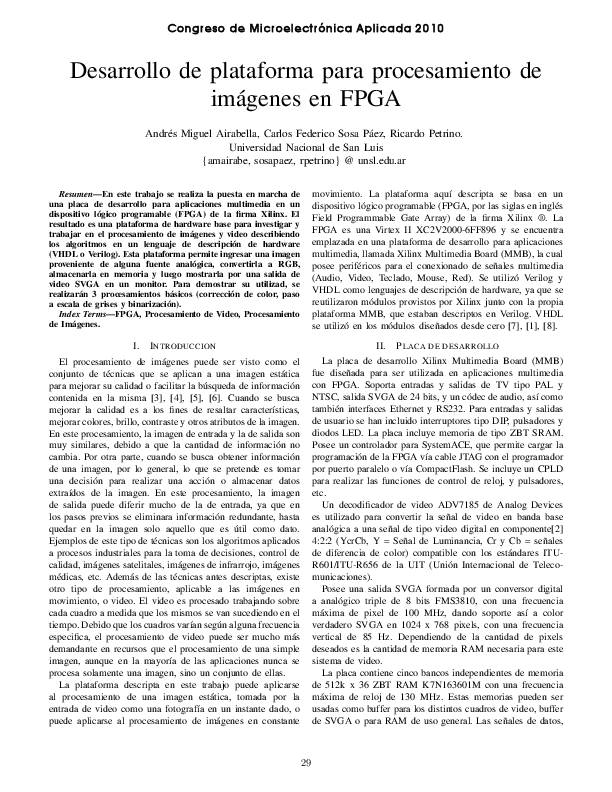(PDF) Desarrollo de plataforma para procesamiento de imágenes en FPGA
