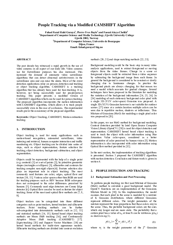 Pdf People Tracking Via A Modified Camshift Algorithm