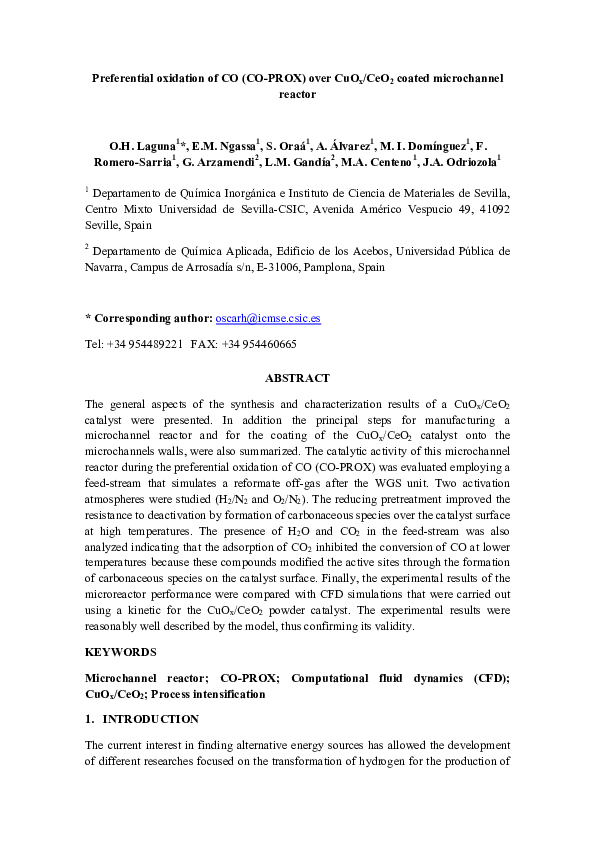(PDF) CO-PROX over CuOx/CeO2 in Microchannel Reactor