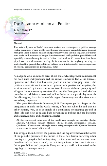 (PDF) The Paradoxes of Indian Politics