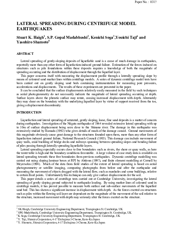 (PDF) Lateral spreading during centrifuge model earthquakes