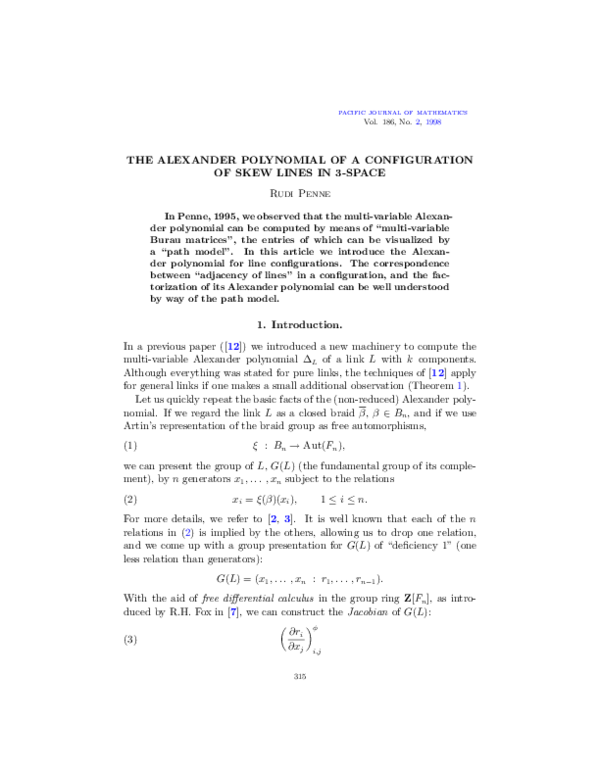 (PDF) The Alexander polynomial of a configuration of skew lines in 3 ...