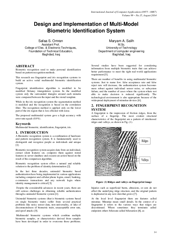 (PDF) Design and Implementation of Multi-model Biometric Identification System
