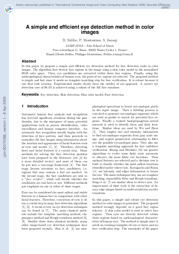 Pdf A Simple And Efficient Eye Detection Method In Color Images