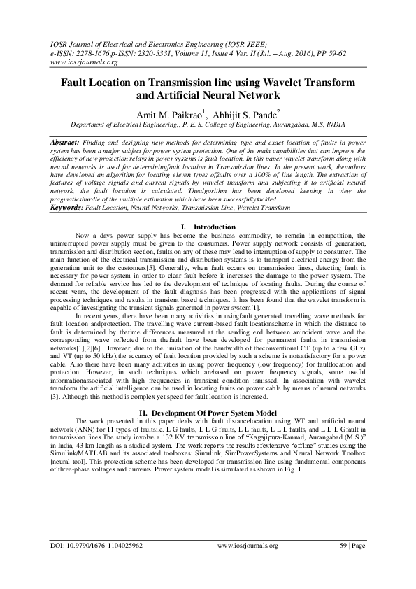 Pdf Fault Location On Transmission Line Using Wavelet Transform And Artificial Neural Network
