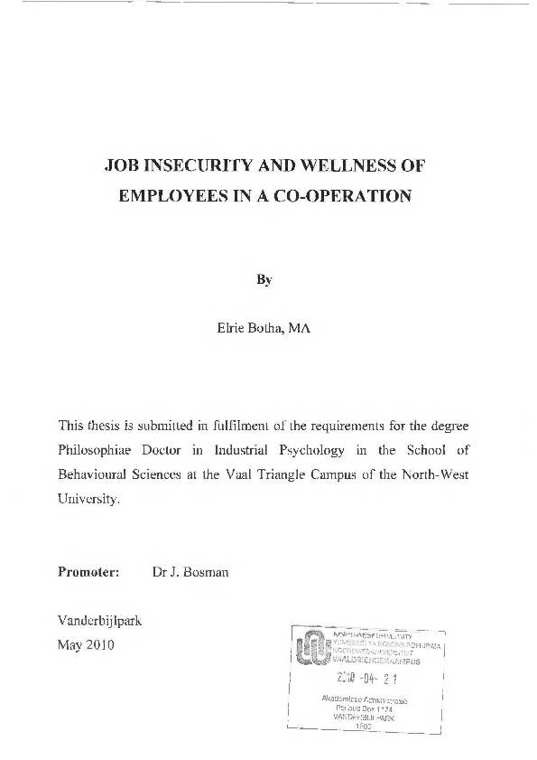 Job insecurity and wellness of employees in a co-operation / Elrie Botha