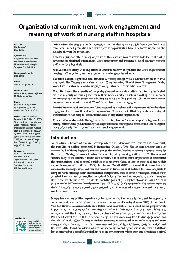 (PDF) Organisational commitment, work engagement and meaning of work of ...