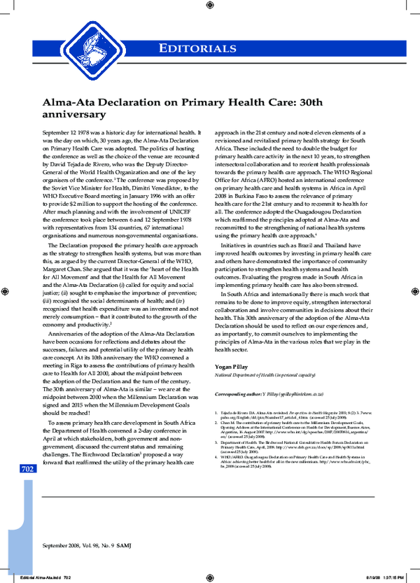 (PDF) Alma Ata Declaration on Primary Health Care: 30th Anniversary