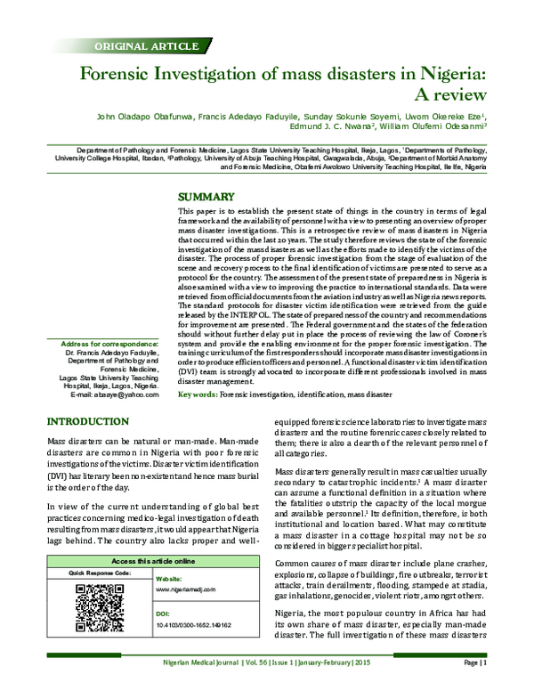 Pdf Forensic Investigation Of Mass Disasters In Nigeria A Review