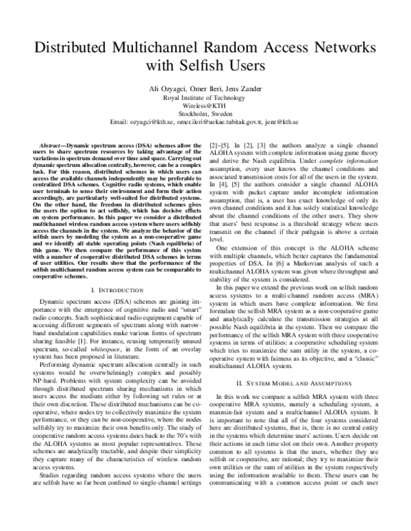 (PDF) Distributed multichannel random access networks with selfish users | Omer Ileri - Academia.edu