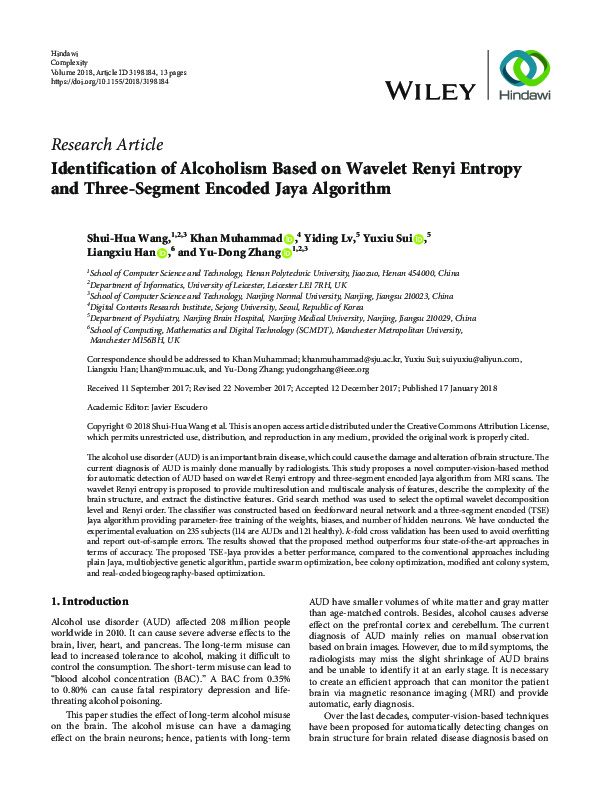 Pdf Identification Of Alcoholism Based On Wavelet Renyi Entropy And Three Segment Encoded Jaya