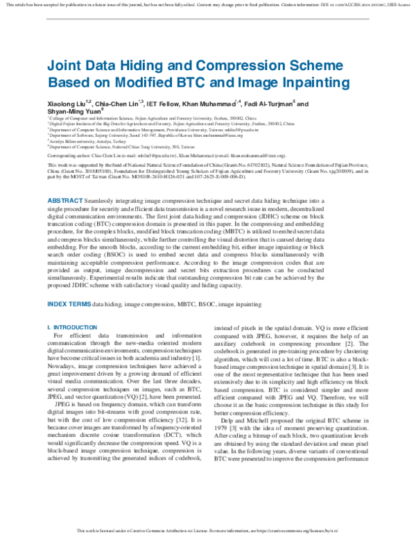(PDF) Joint Data Hiding and Compression Scheme Based on Modified BTC and Image Inpainting | Khan ...