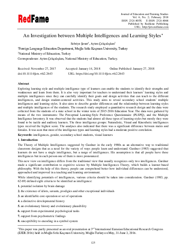 (PDF) An Investigation between Multiple Intelligences and Learning Styles