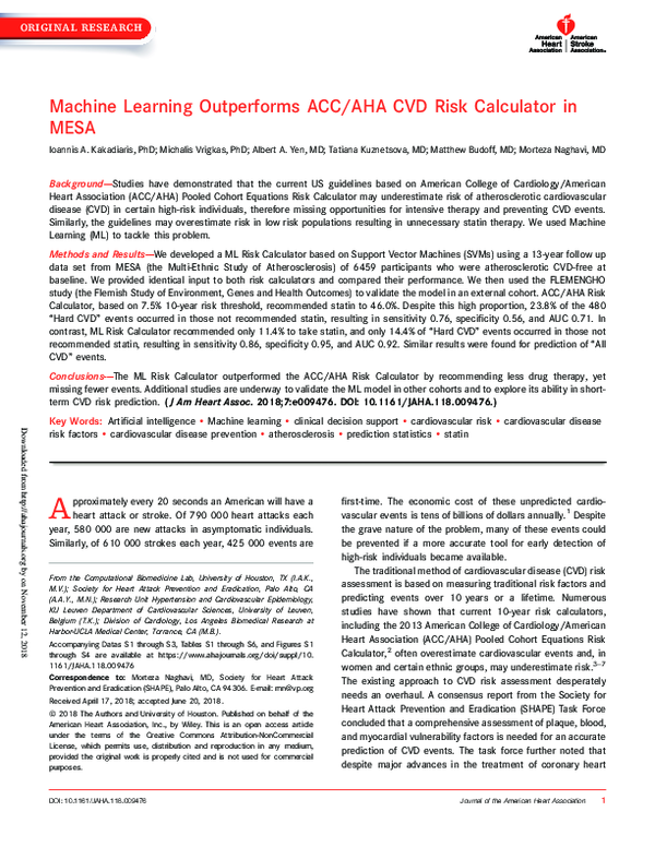 (PDF) Machine Learning Outperforms ACC/AHA CVD Risk Calculator in MESA