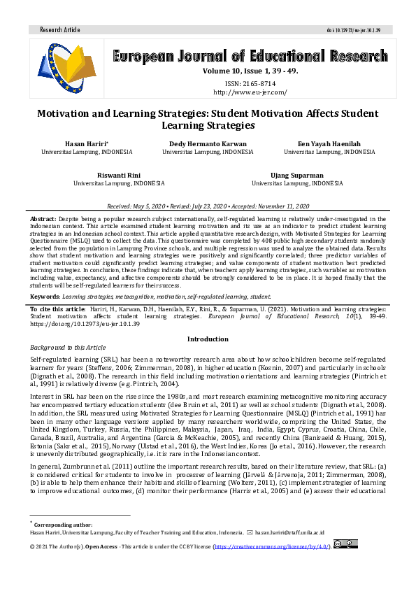 Pdf Motivation And Learning Strategies Student Motivation Affects