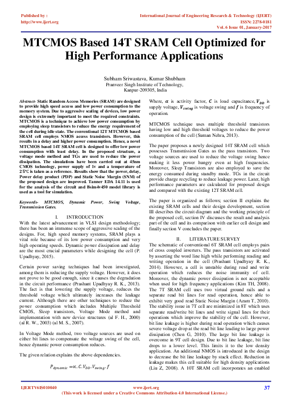 (PDF) MTCMOS Based 14T SRAM Cell Optimized for High Performance ...