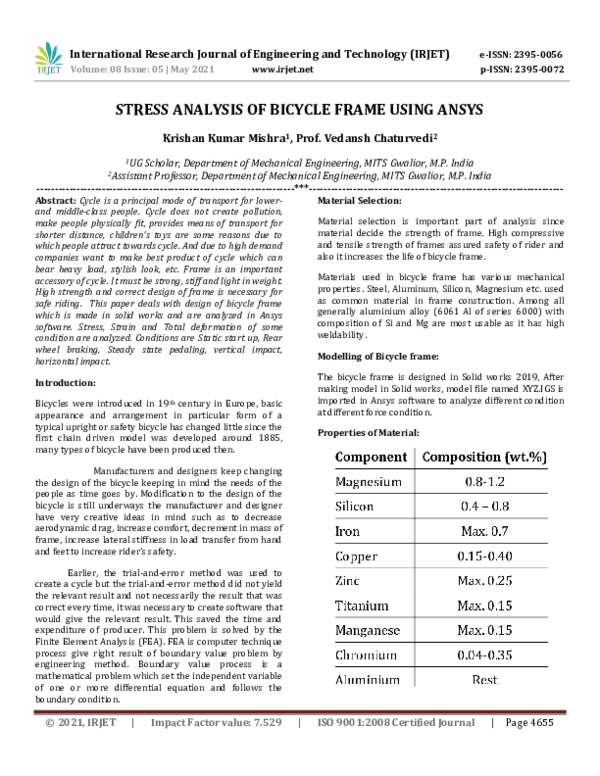 Pdf Irjet Stress Analysis Of Bicycle Frame Using Ansys Irjet Journal