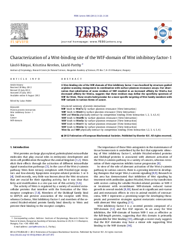 (PDF) Characterization of a Wnt-binding site of the WIF-domain of Wnt ...