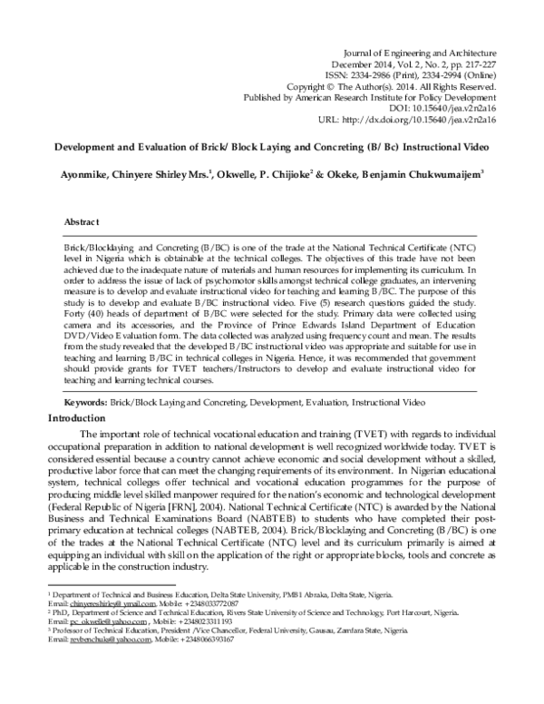 (PDF) Development and Evaluation of Brick/Block Laying and Concreting ...