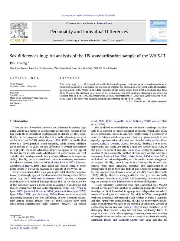 Pdf Sex Differences In G An Analysis Of The Us Standardization Sample Of The Wais Iii