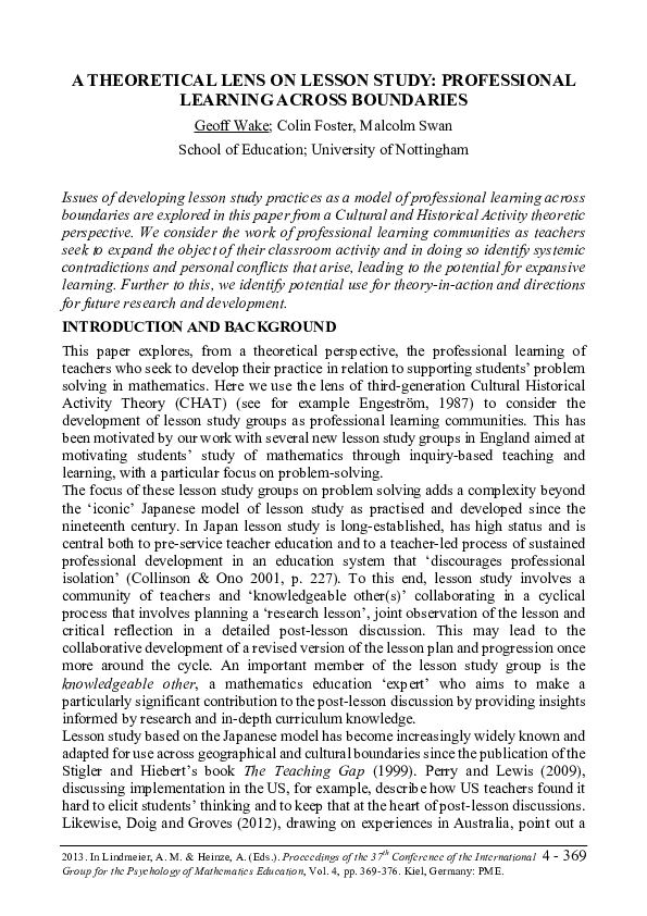 (PDF) A theoretical lens on lesson study: professional learning across ...