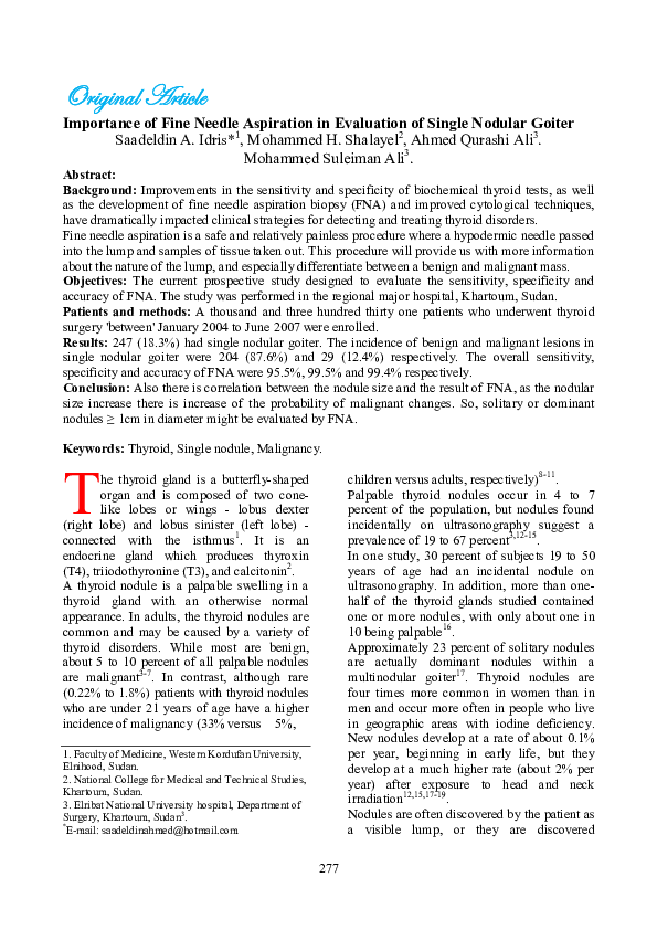 (PDF) Importance of Fine Needle Aspiration in Evaluation of Single ...