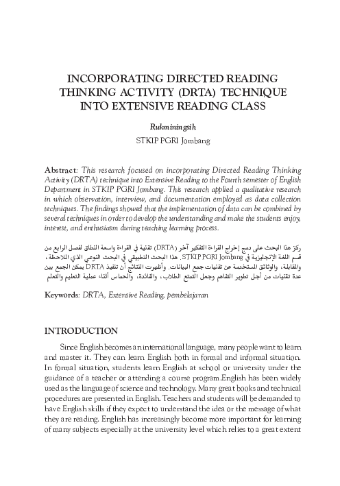(PDF) Incorporating Directed Reading Thinking Activity (Drta) Technique Into Extensive Reading Class