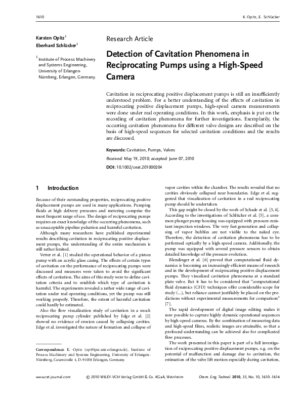 (PDF) Detection of Cavitation Phenomena in Reciprocating Pumps using a ...