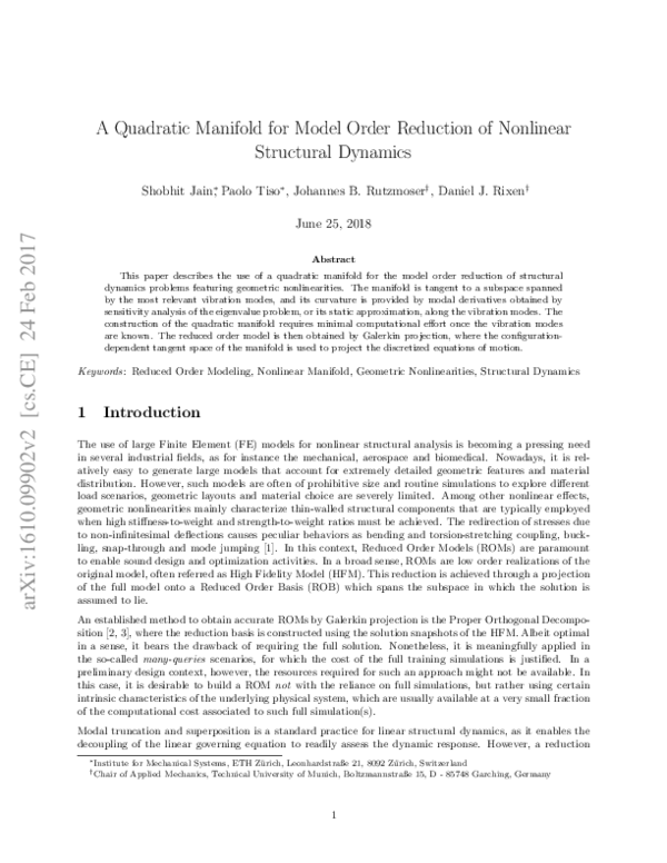 (PDF) A quadratic manifold for model order reduction of nonlinear structural dynamics
