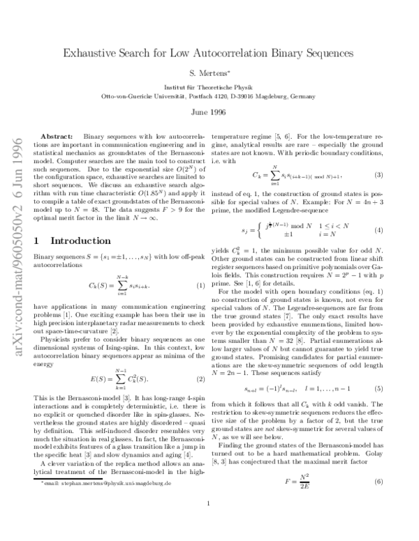 Pdf Exhaustive Search For Low Autocorrelation Binary Sequences 