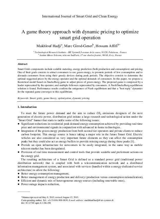 (PDF) A game theory approach with dynamic pricing to optimize smart grid operation