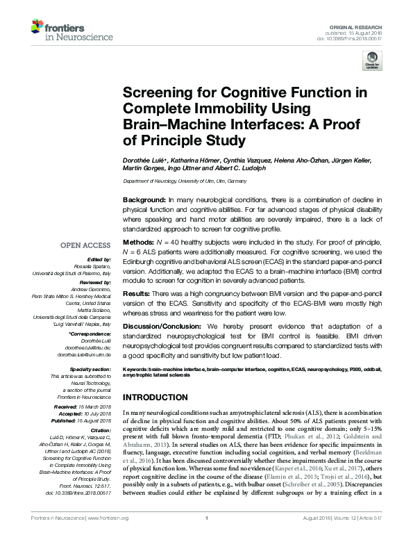 (PDF) Screening for Cognitive Function in Complete Immobility Using ...