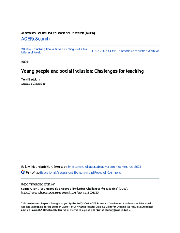 (PDF) Young People and Social Inclusion : Challenges for Teachers