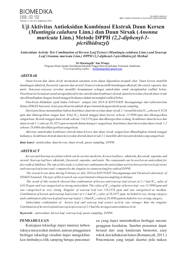 (PDF) Uji Aktivitas Antioksidan Kombinasi Ekstrak Daun Kersen (Muntingia calabura Linn.) dan ...