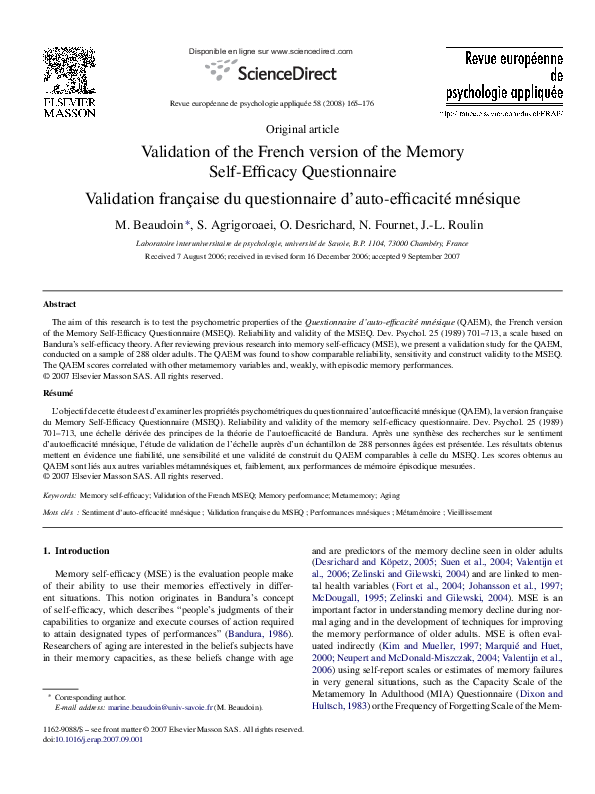 (PDF) Validation of the French version of the Memory Self-Efficacy Questionnaire