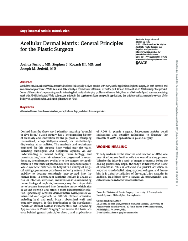(PDF) Acellular Dermal Matrix: General Principles for the Plastic Surgeon