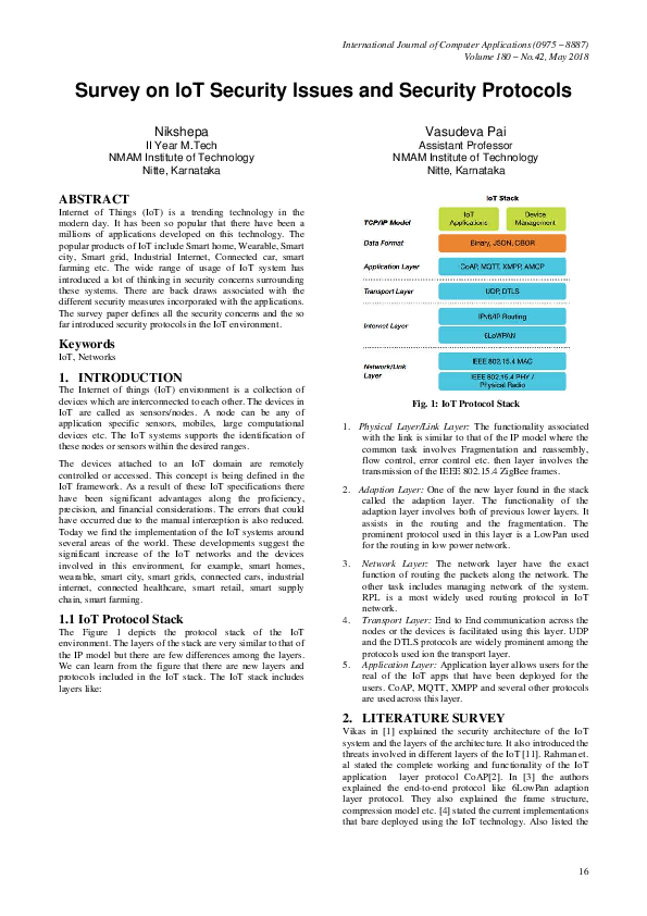 Pdf Survey On Iot Security Issues And Security Protocols